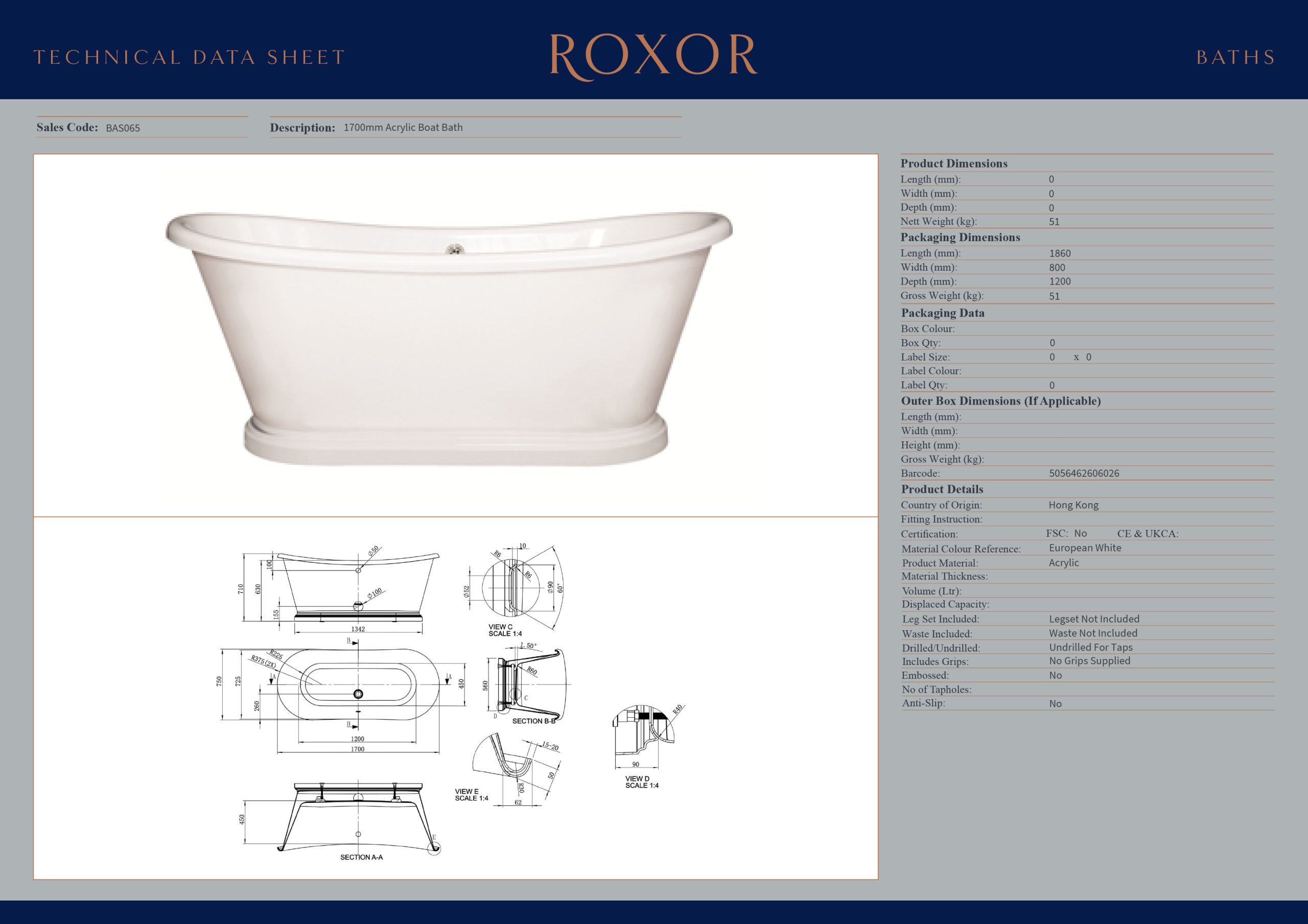 BC Designs Acrylic White Boat Bath with Aluminium Plinth 1700mm x 750mm ...