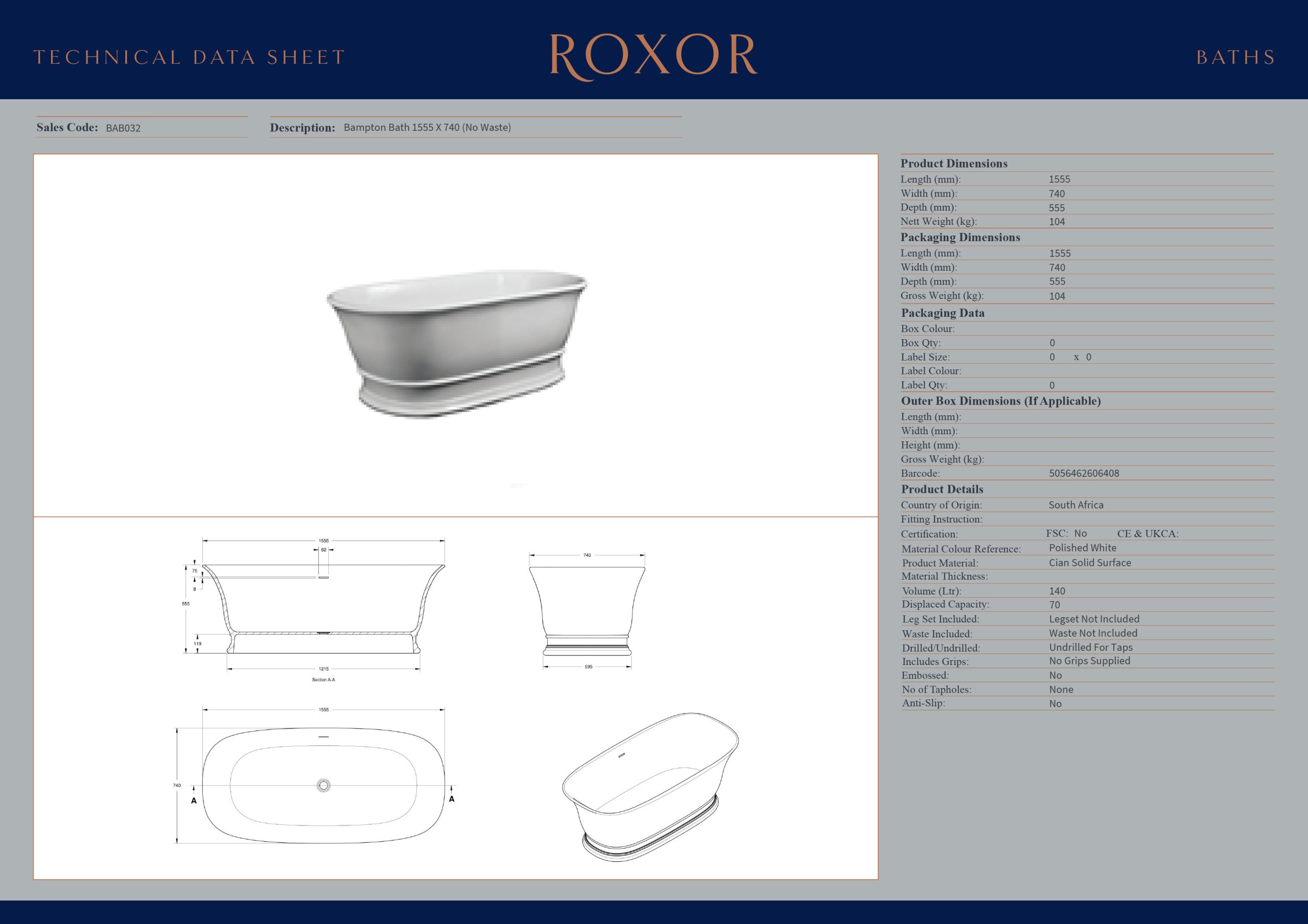 BC Designs Bampton Bath 1555mm x 740mm – Silk Matt White - British Baths
