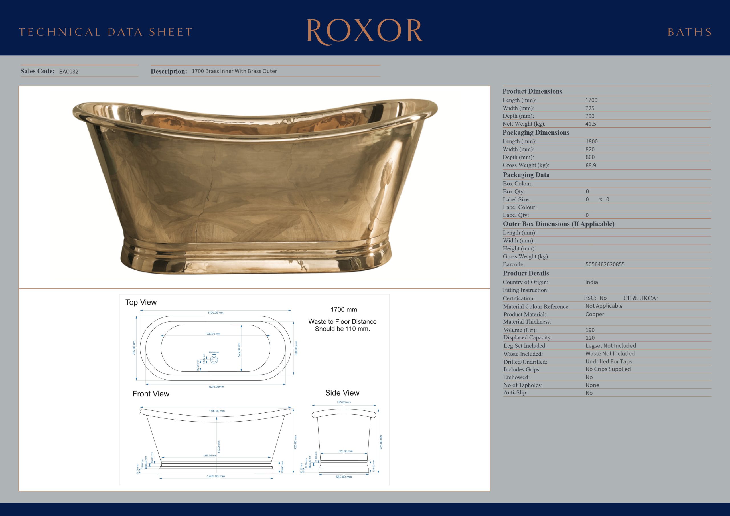 BC Designs Brass Freestanding Boat Bath 1700mm x 725mm - British Baths