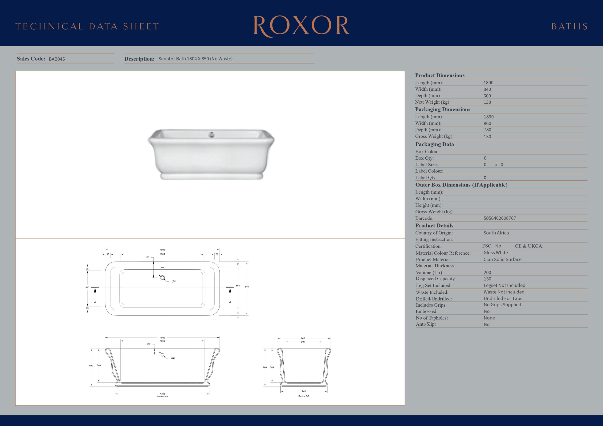 BC Designs Senator without Feet Bath 1804mm x 850mm – Polished White ...